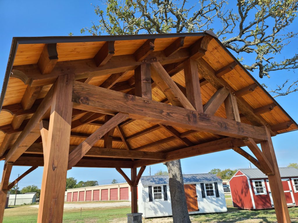 Queen Post Heavy Beam Half Hip Pavilion in Walnut and Oak Stains - COVER